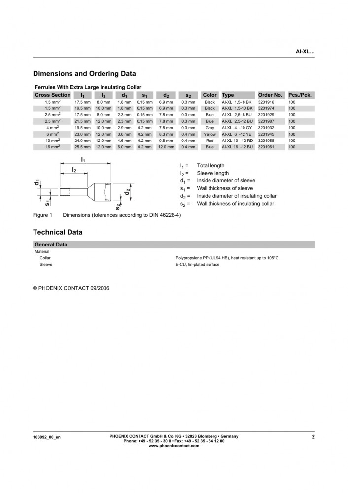 Phoenix Contact AI-XL ferrule technical document page 2