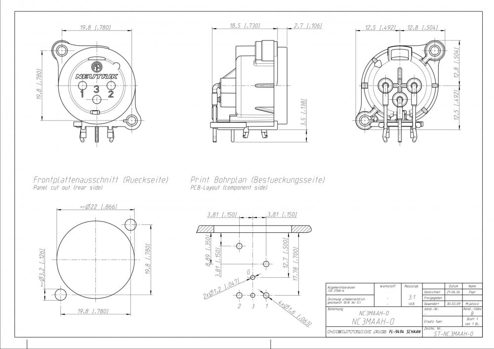 Neutrik NC3MAAH-0 technical drawing page