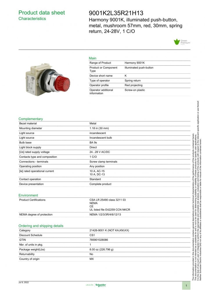 9001K2L35R21H13 technical document page 1