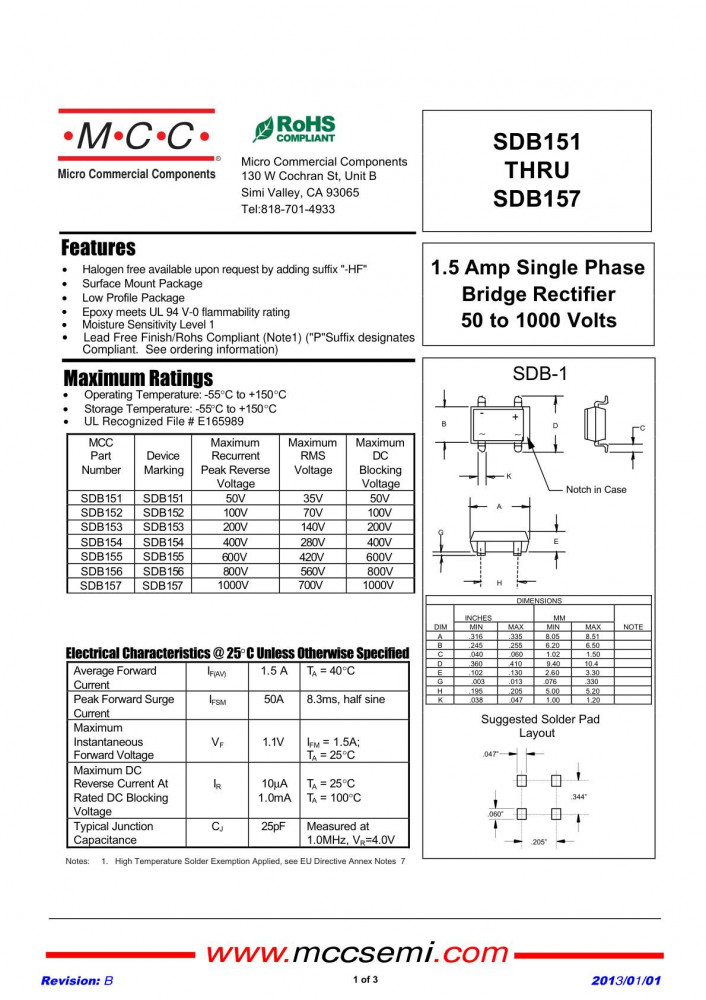 SDB157-TP datasheet page 1