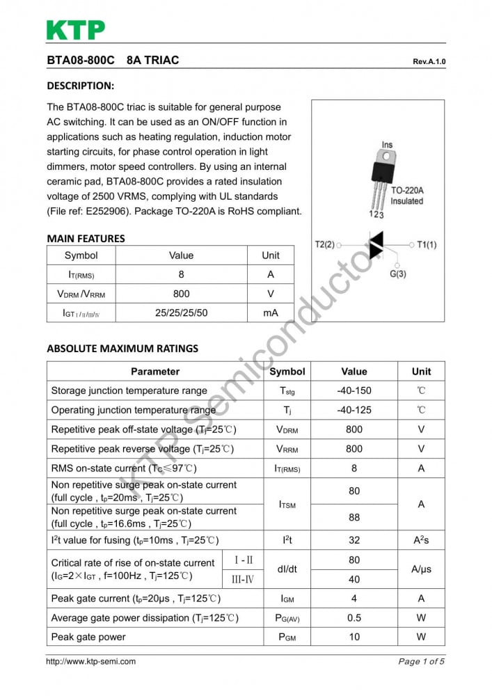 BTA08-800C datasheet page 1