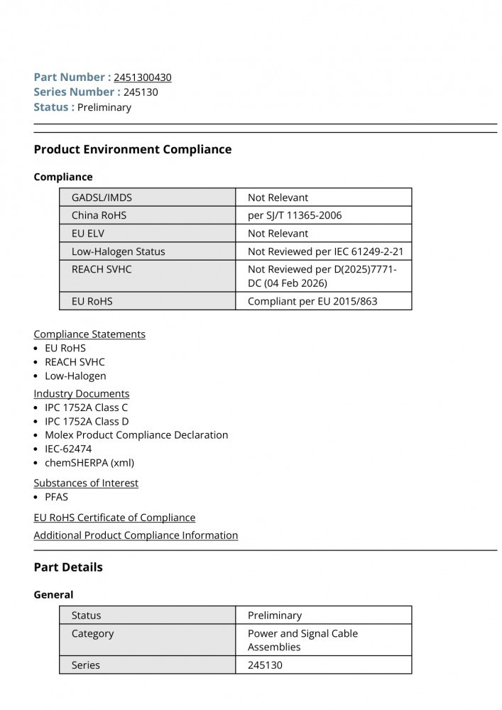 Product document image 1 for MOLEX 2451300430