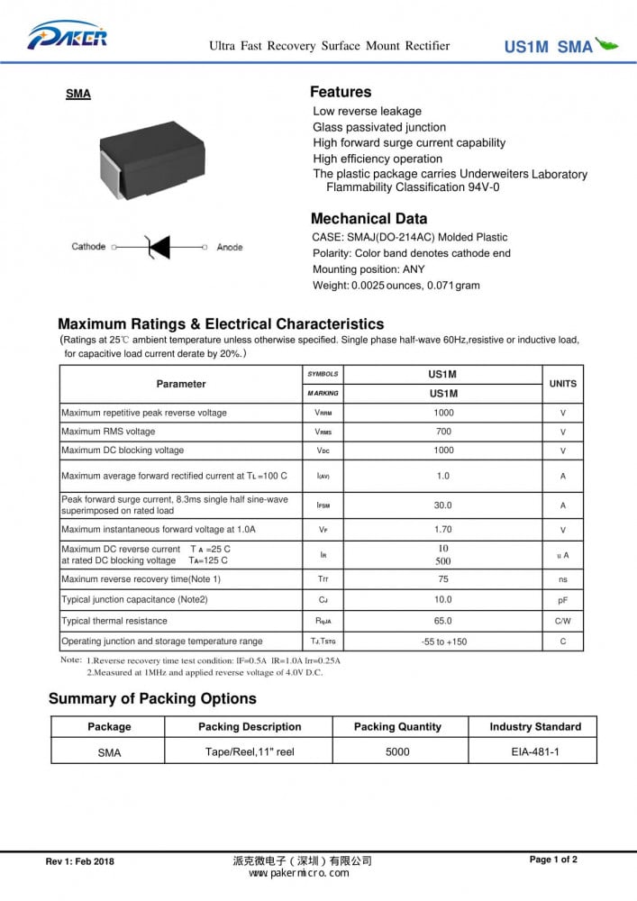 PAKER US1M technical datasheet page 1