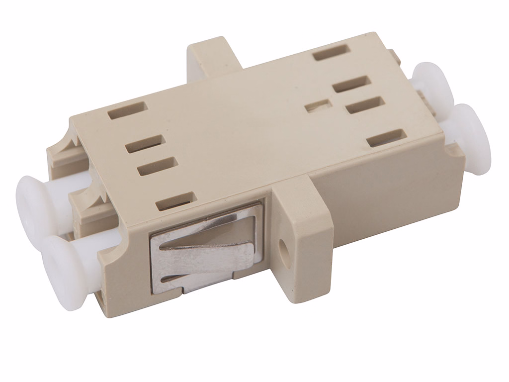 LC/UPC One Body Adapter, Quad, Multimode, Aqua Body, Ceramic Alignment Sleeve, Small Flange, Snap Mount, Plastic Clip