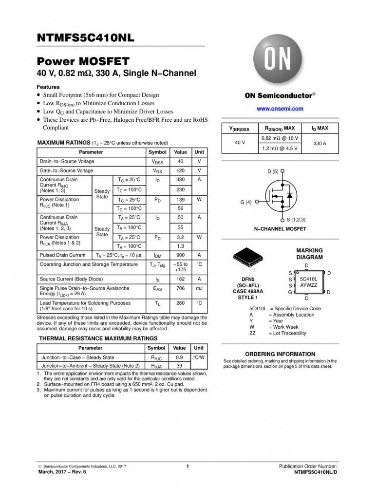 NTMFS5C410NLT1G datasheet page 1