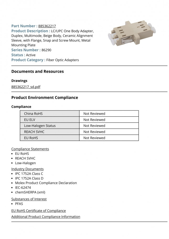 MOLEX 885362217 product drawing preview, page 1