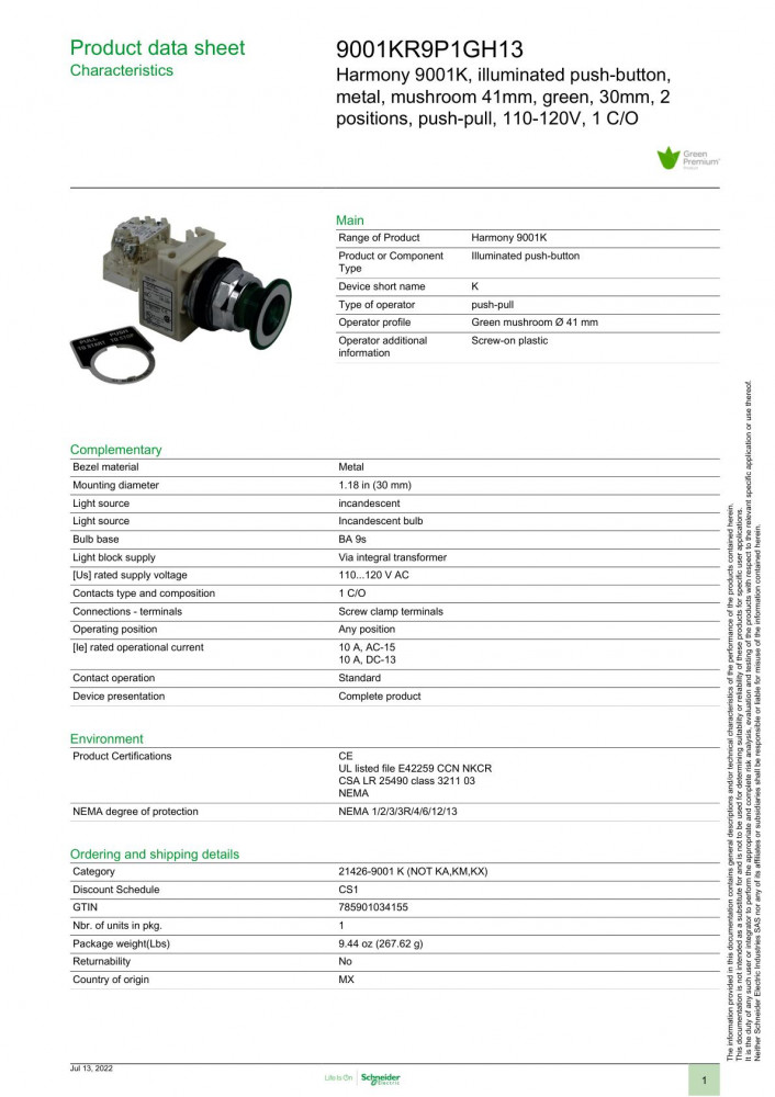 9001KR9P1GH13 technical document page 1