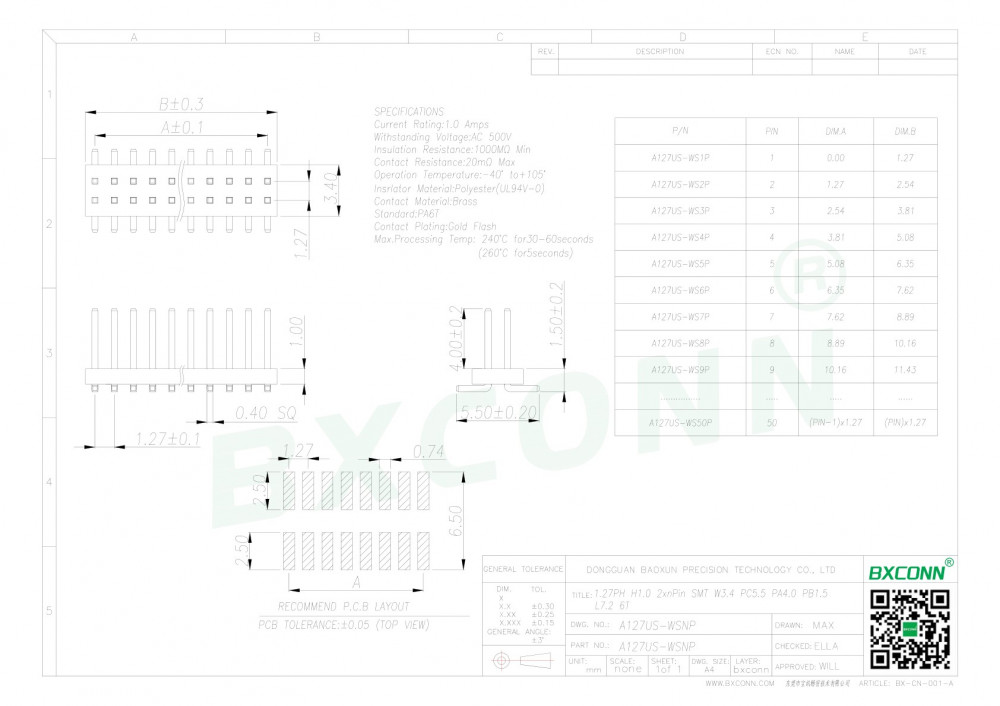 BXCONN A127US-WS05P technical drawing