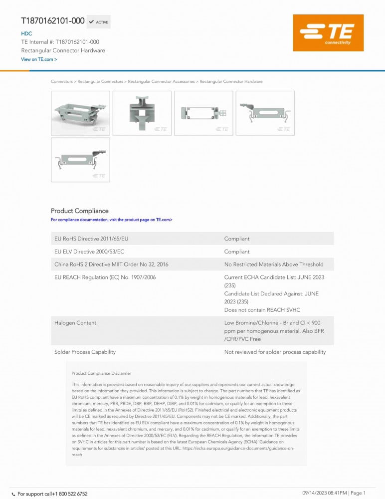 TE Connectivity product document page 1