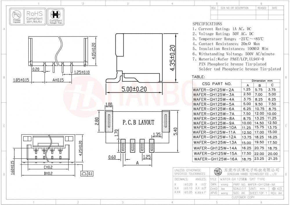 Hanbo Electronic WAFER-GH125W-7A technical drawing