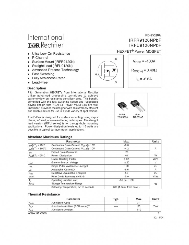 IRFR9120NTRPBF datasheet page 1
