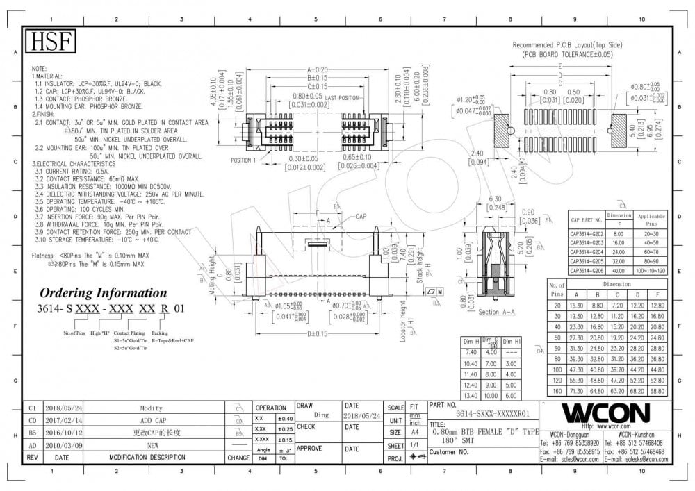 Wcon 3614 series 0.80 mm BTB female 180 degree SMT technical drawing