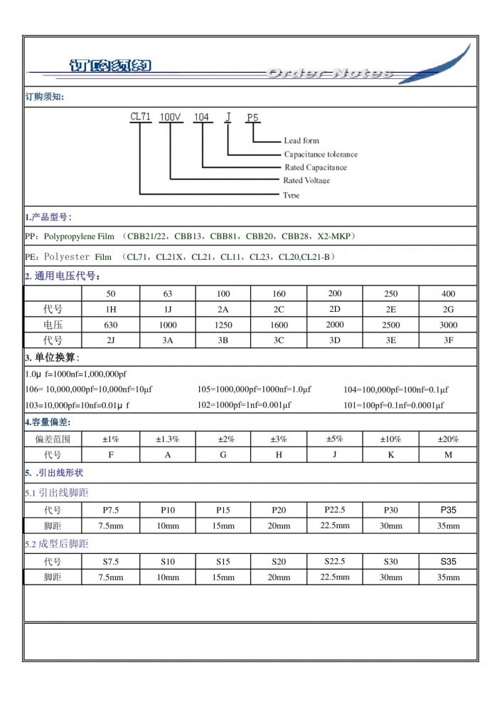KYET film capacitor ordering information