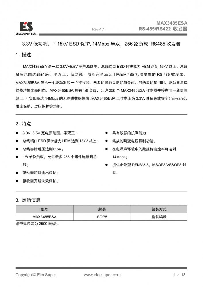 MAX3485ESA datasheet page 1