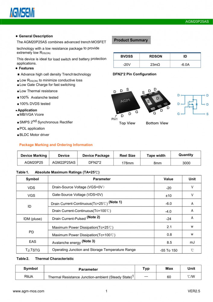 AGM20P25AS datasheet page 1