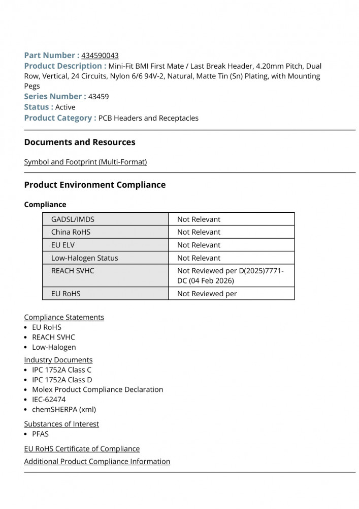 MOLEX 434590043 technical document page 1