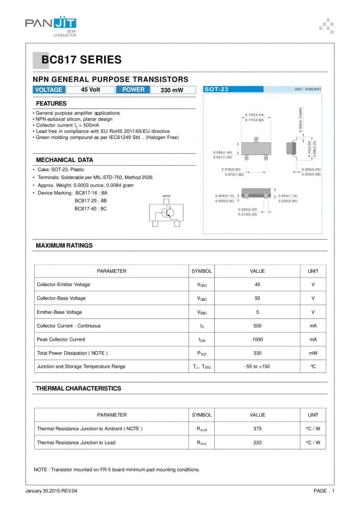 BC817 series datasheet page 1