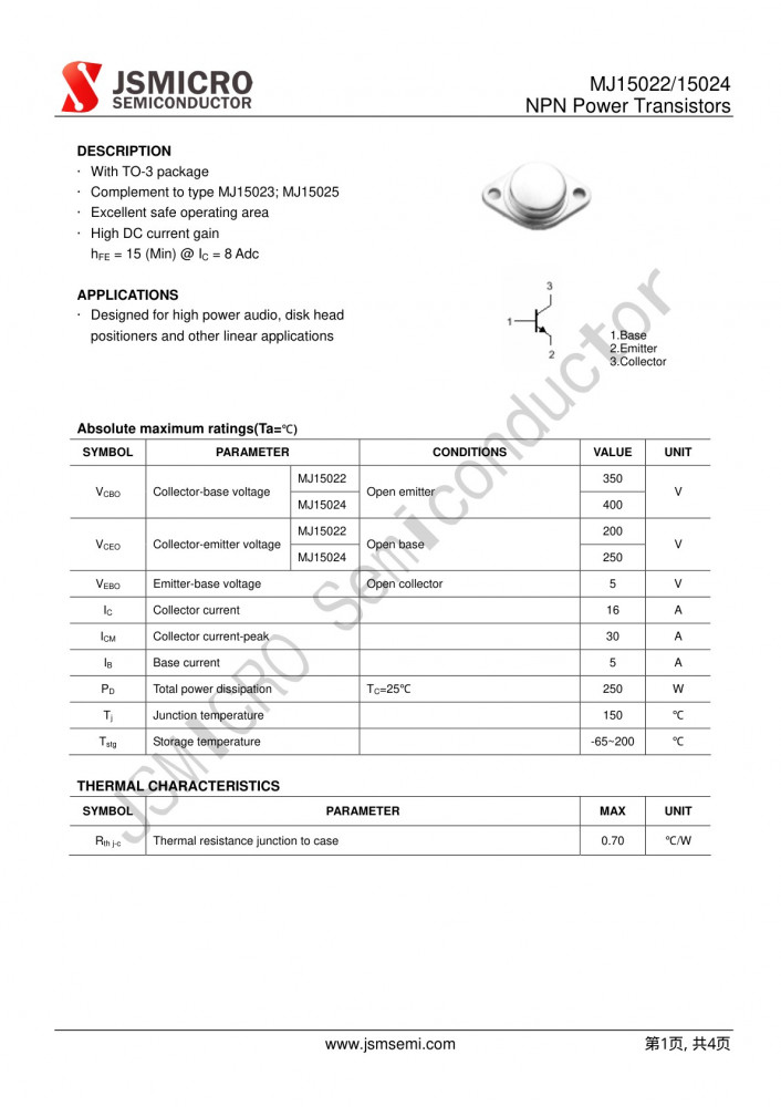 MJ15024G-JSM datasheet page 1