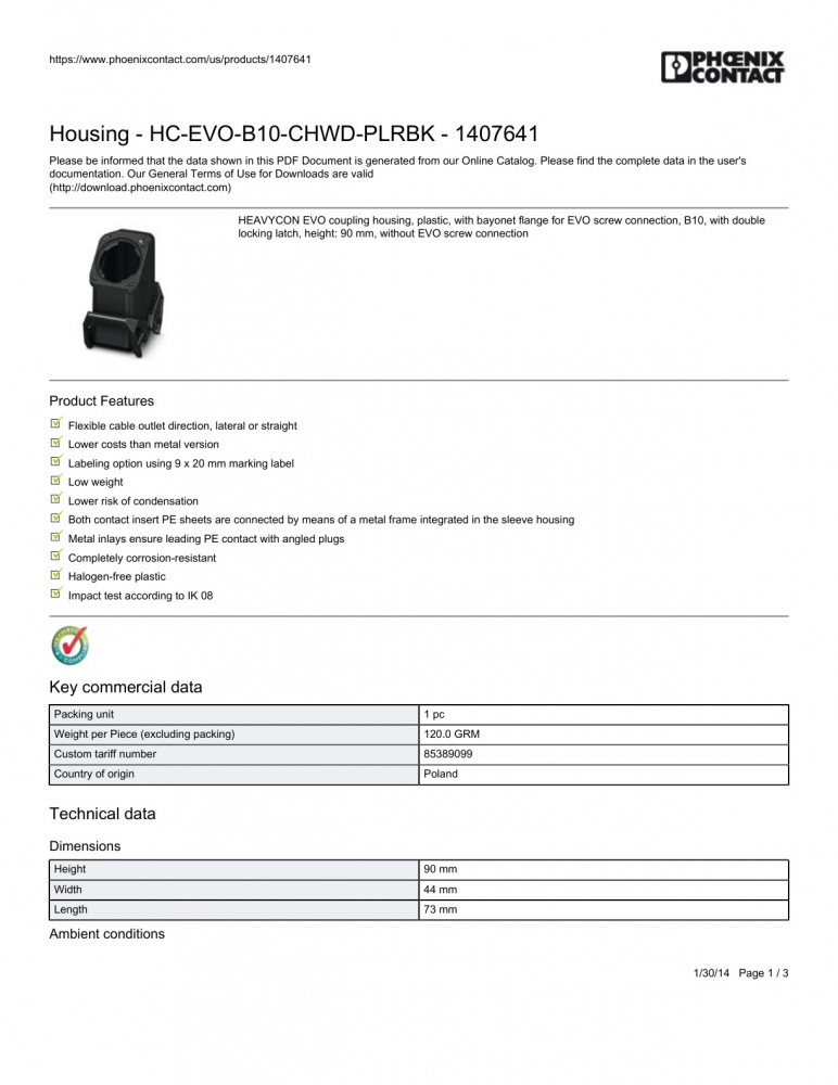 Phoenix Contact 1407641 product document page 1