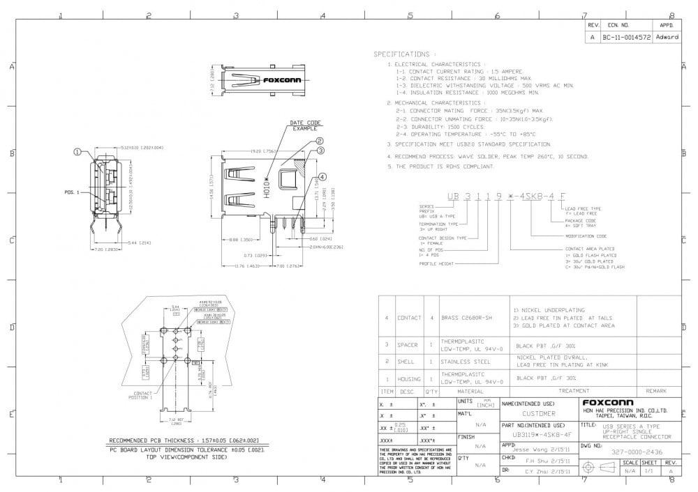 FOXCONN UB3119C-4SK8-4F technical drawing preview
