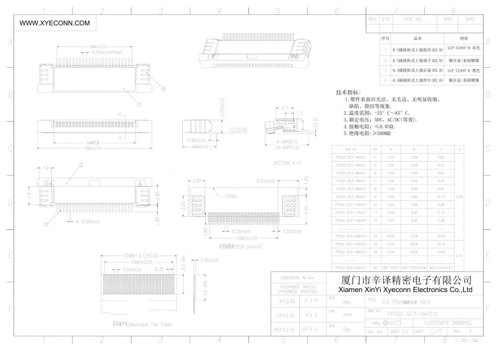 XYECONN FPC02-S0.5-19AH2.0 technical drawing