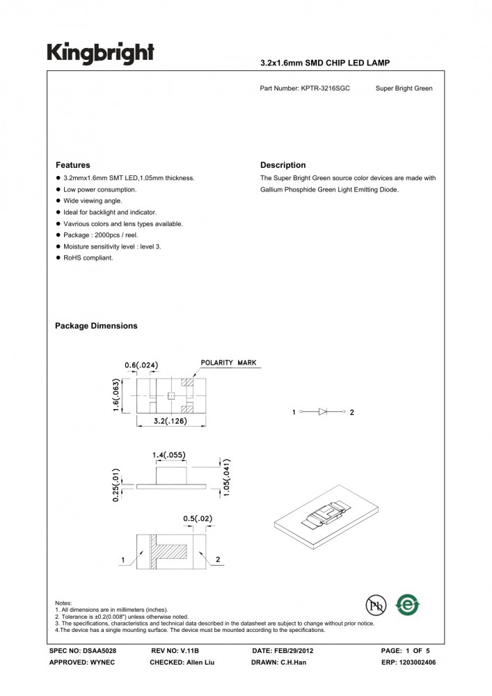 KPTR-3216SGC datasheet page 1