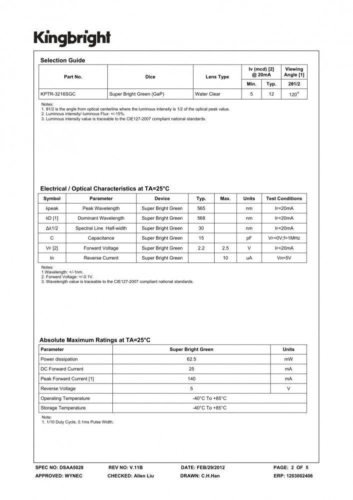 KPTR-3216SGC datasheet page 2