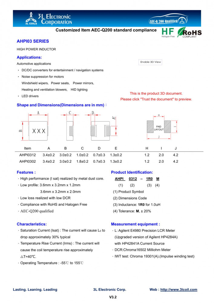 AHPI03 series datasheet page 1