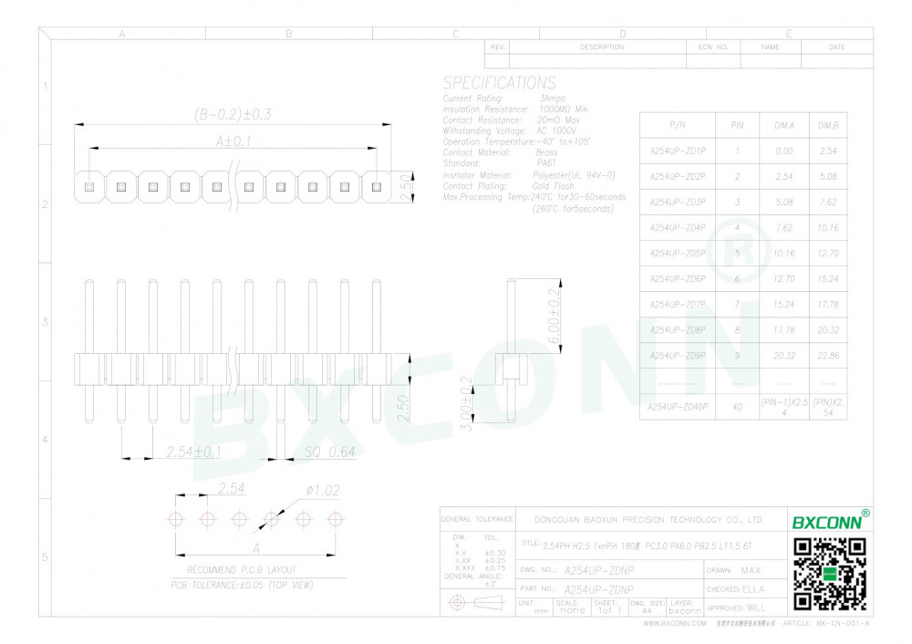 BXCONN A254UP-ZDxP product drawing and specification page