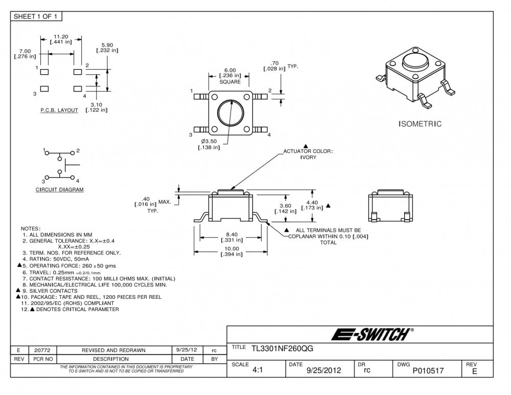 E-Switch TL3301NF260QG technical drawing