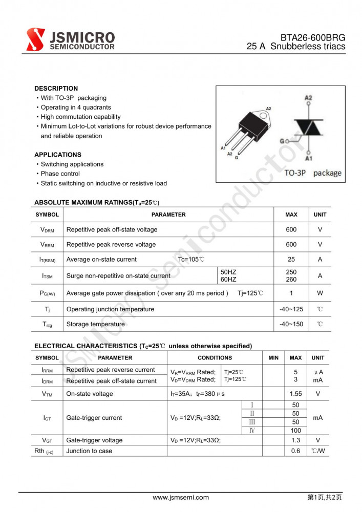 BTA26-600BRG datasheet page 1