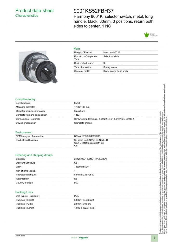 9001KS52FBH37 technical document page 1