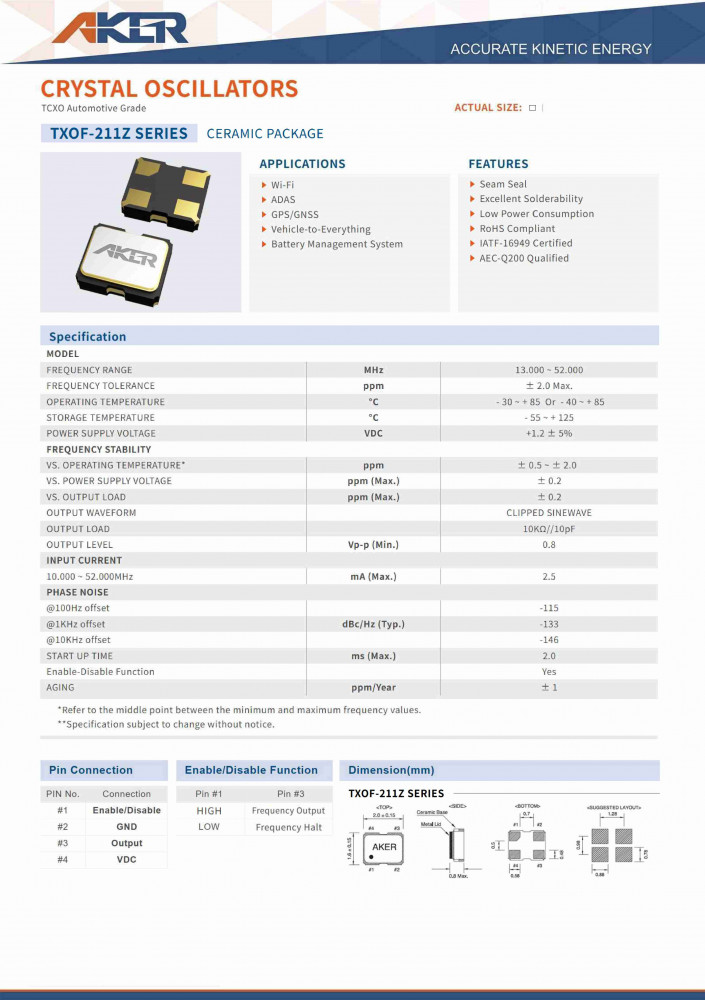 AKER TXOF-211Z Series TCXO technical document page