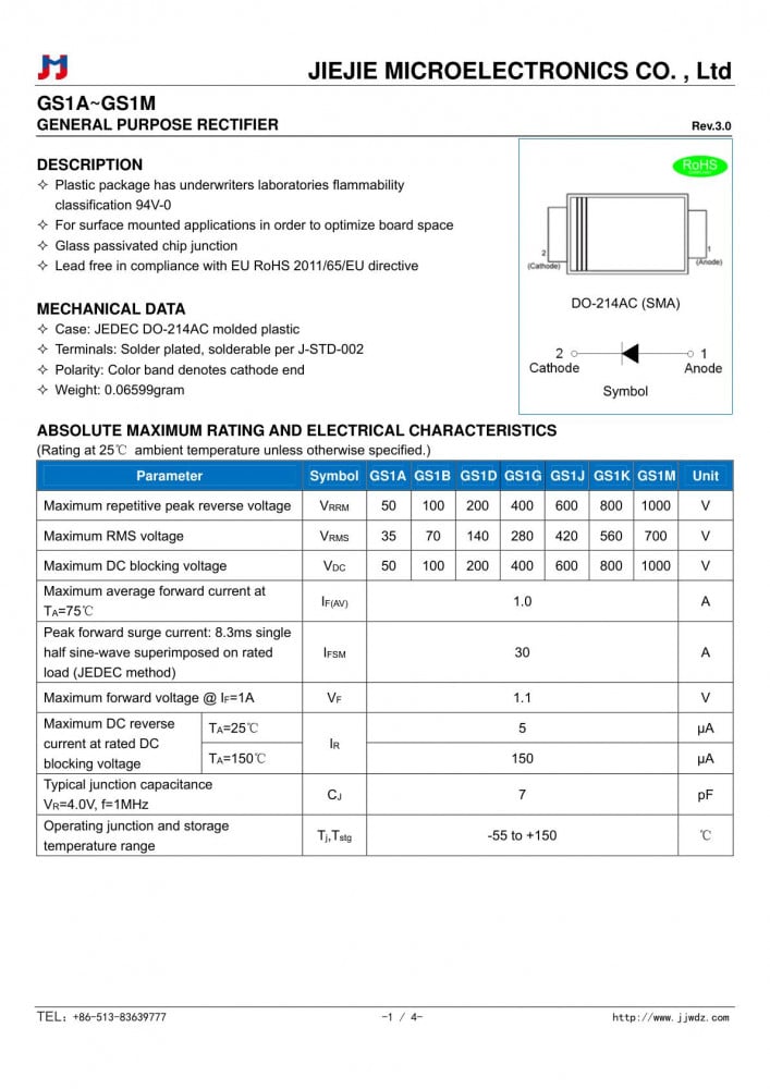 GS1M datasheet page 1