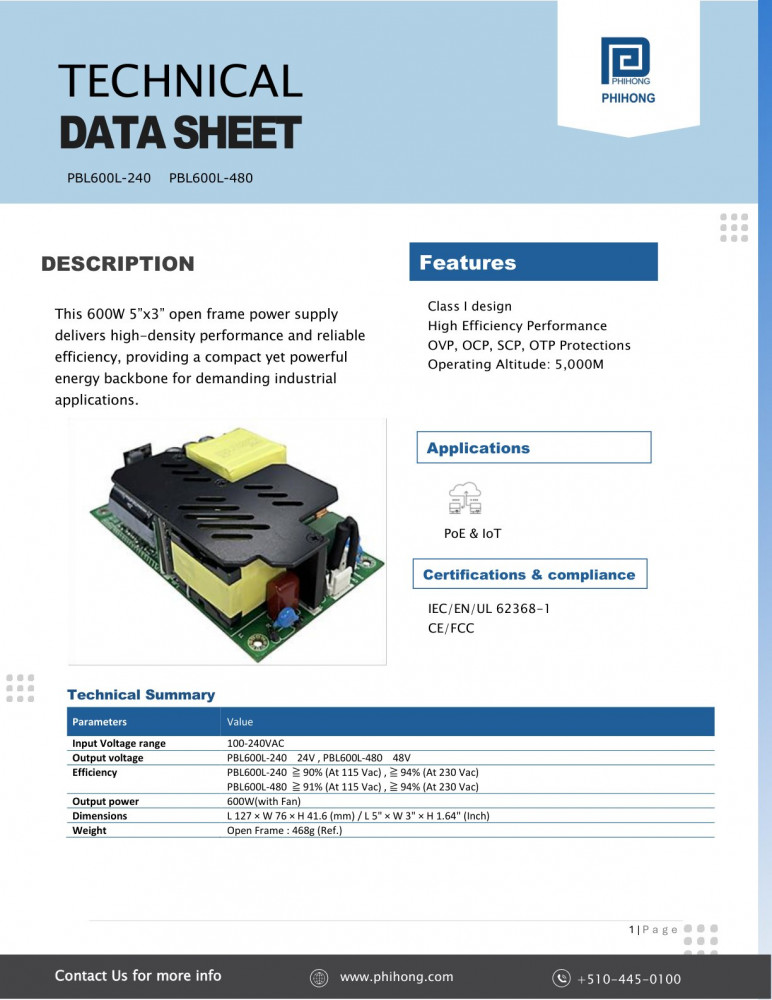Phihong PBL600L-480 technical document page 1