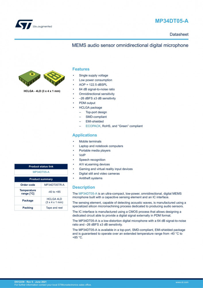 MP34DT05TR-A technical document page 1
