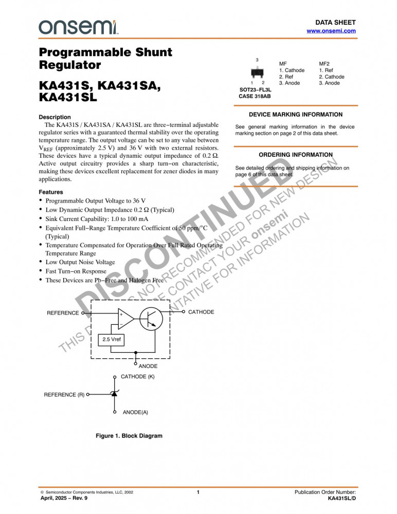 KA431SL technical document preview, page 1