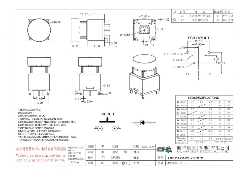 Cha C3032D-2M-WT-YN-N1Z2 technical drawing