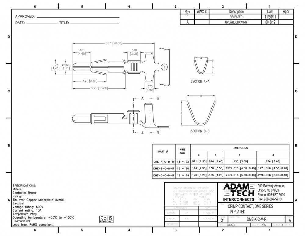 ADAM TECH DME Series tin-plated crimp contact drawing