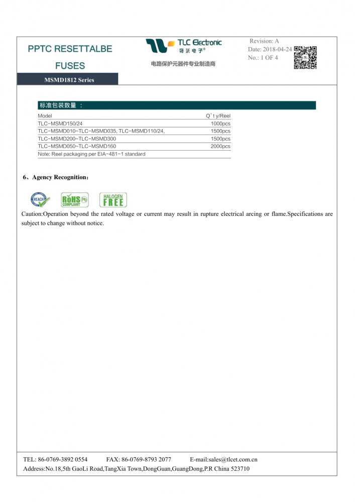 TLC MSMD1812 series packaging and agency recognition