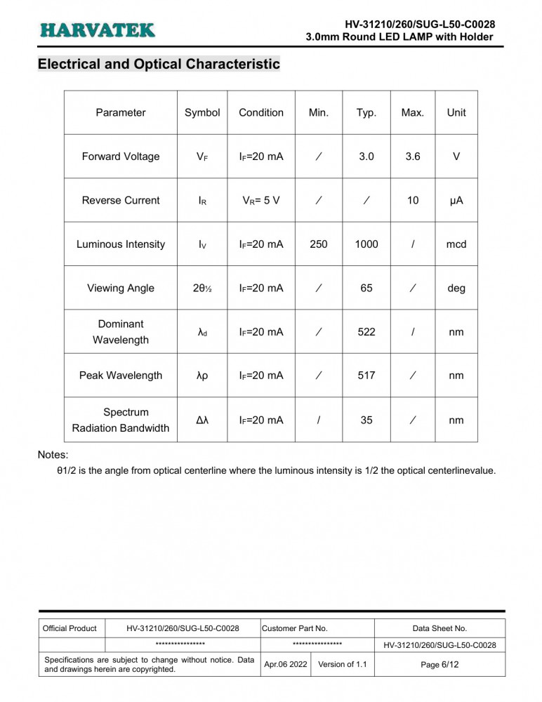 HV-31210/260/SUG-L50-C0028 datasheet page 6