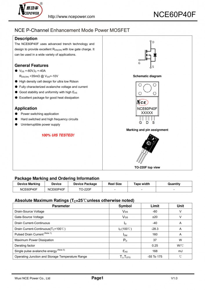 NCE60P40F datasheet page 1