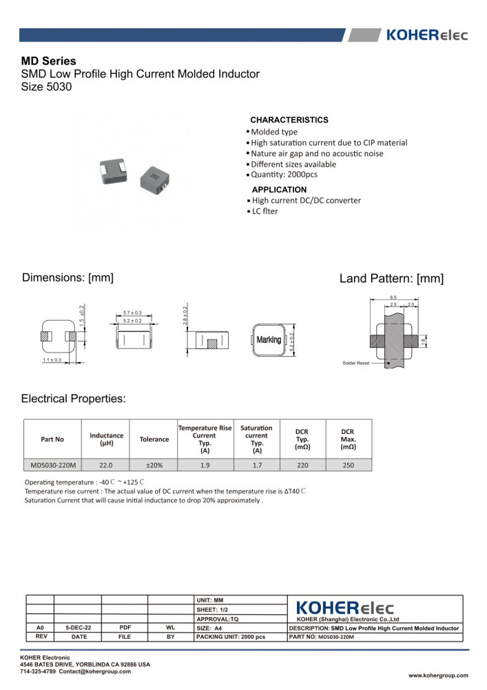 KOHERelec MD5030-220M datasheet page 1