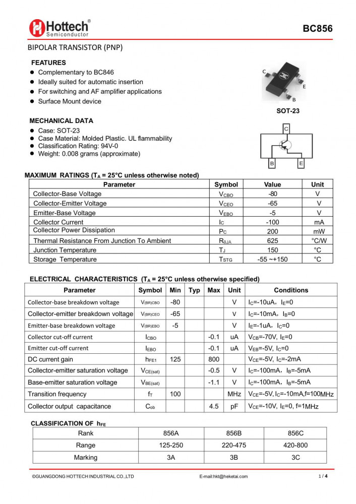 BC856A datasheet page 1