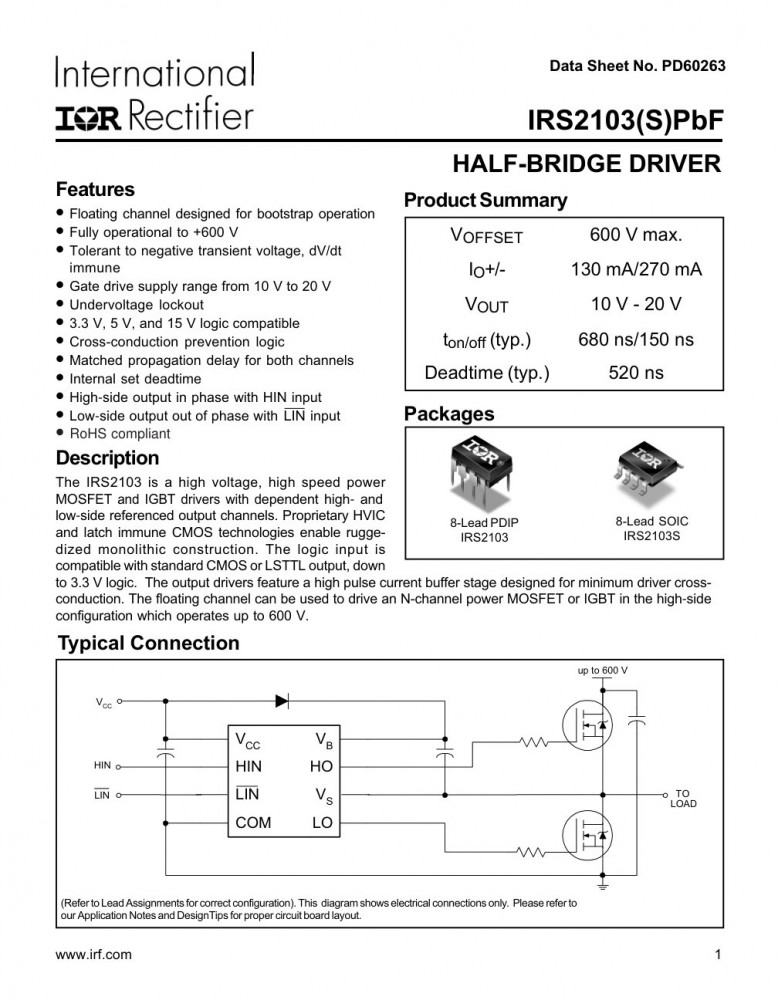 IRS2103STRPBF technical document page 1