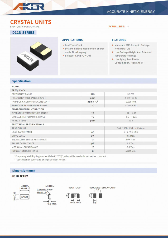 AKER D11N Series SMD tuning fork crystal product document preview