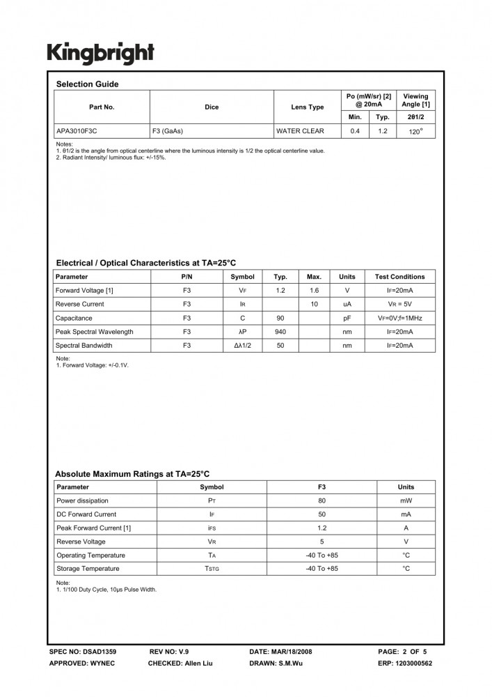 APA3010F3C technical document page 2