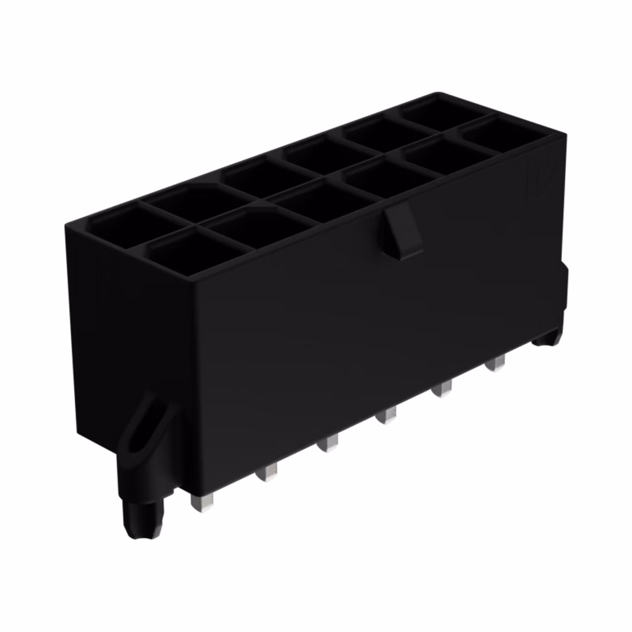 Mega-Fit Vertical Header, 5.70mm Pitch, Through Hole, Dual Row, 4 Circuits, Matte Tin (Sn) Plating, 3.73mm Tail Length, Glow-Wire Capable, Tape and Reel, Black
