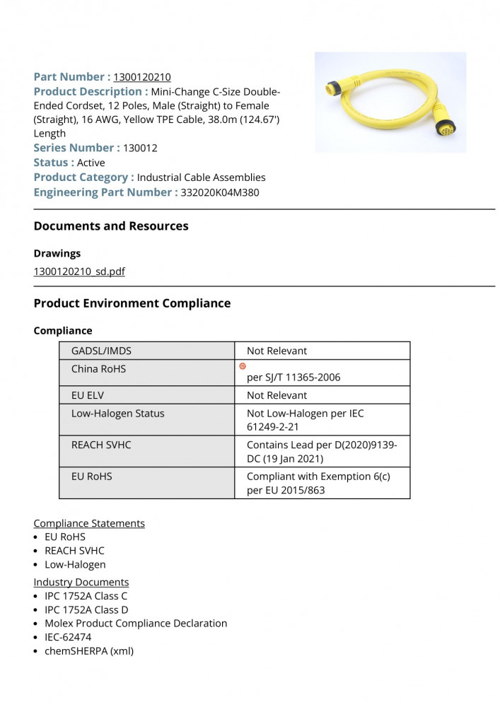 MOLEX 130012 series product drawing, page image 1