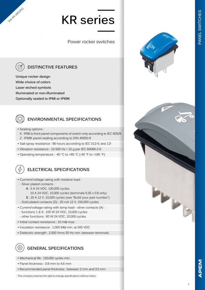 APEM KR series datasheet page 1